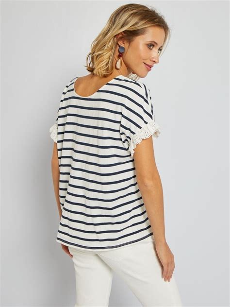 Tee shirt marinière avec manches brodées Blanc noir Kiabi 8 00