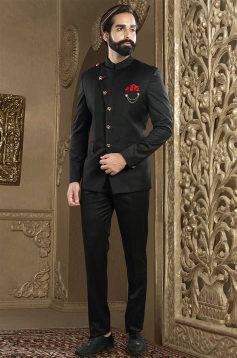 BLACK BANDHGALA JODHPURI SUIT WITH RED ACCENTS In 2020 Designer Suits