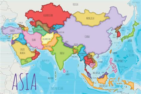 Political Asia Map Vector Illustration With Different Colors For Each