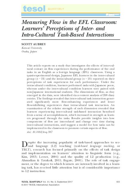 pdf measuring flow in the efl classroom learners perceptions of inter and intra cultural