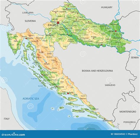 Hohe Detaillierte Physische Karte Kroatiens Mit Der Etikettierung