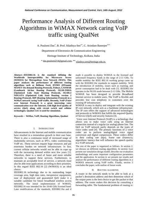 pdf performance analysis of different routing algorithms in wimax network caring voip traffic