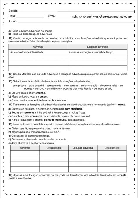 Atividades de Português 7 ano sobre Advérbios Para imprimir