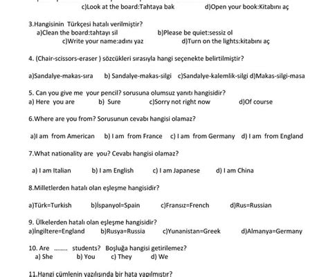 İlkokul 4 Sınıf İngilizce 1 Dönem 2 Yazılı Soruları 13 PDF İndir