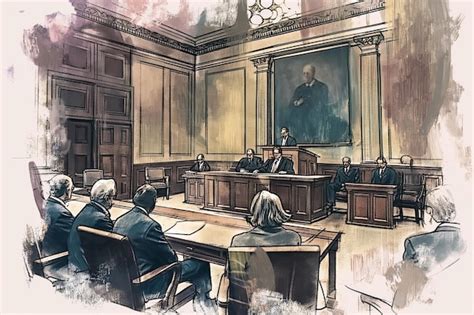 A Sketch Of Courtroom Artist With A Trial In Progress With The Judge
