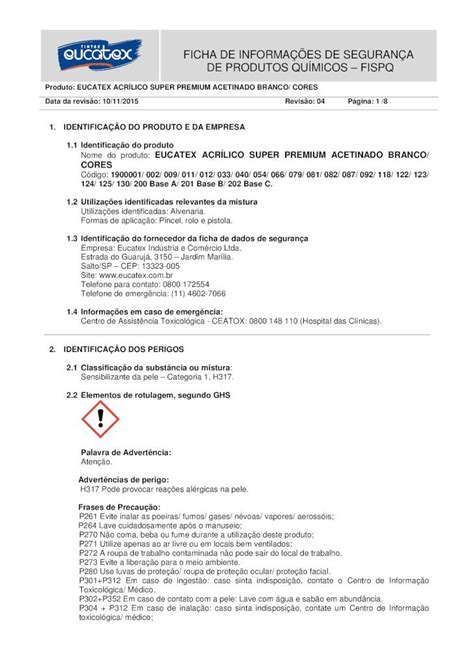 PDF FICHA DE INFORMAÇÕES DE SEGURANÇA DE Produto EUCATEX