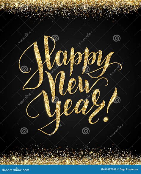 Black And Gold Happy New Year Card With Shiny Glitter Lettering Stock
