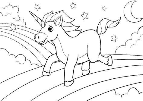 Ausmalbilder Märchen Kostenlos Einhorn galoppiert über Regenbögen