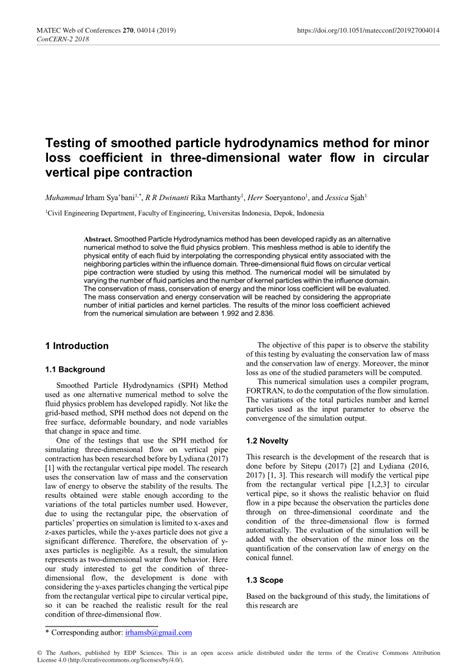 pdf testing of smoothed particle hydrodynamics method for minor loss coefficient in three