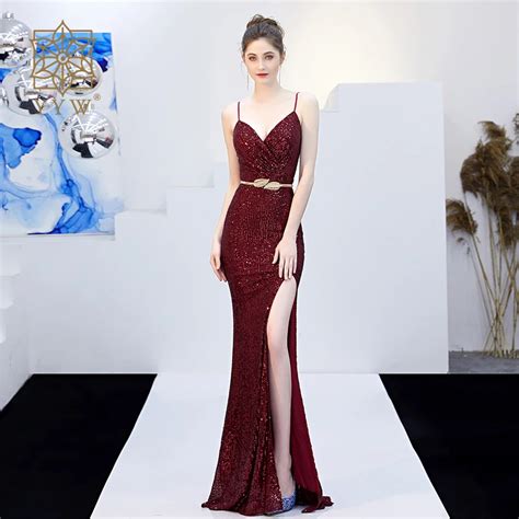 Robe De Soir E Longue En Paillettes Sexy Col En V Sans Manches Dos