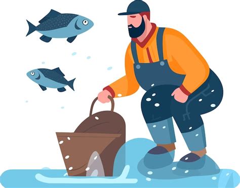 Un Pescador Atrapa Peces Vector Premium