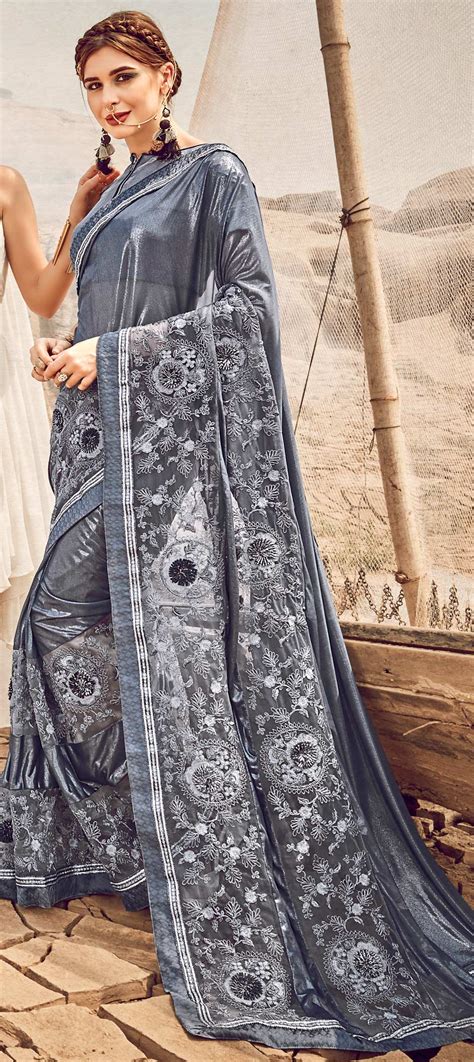 Party Wear Reception Black And Grey Color Lycra Net Fabric Saree