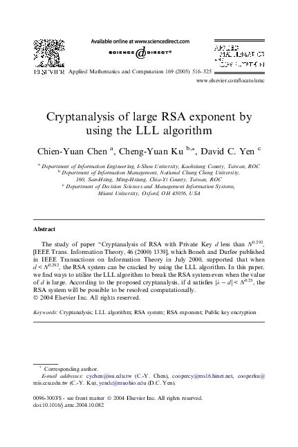 pdf cryptanalysis of large rsa exponent by using the lll algorithm cooper ku
