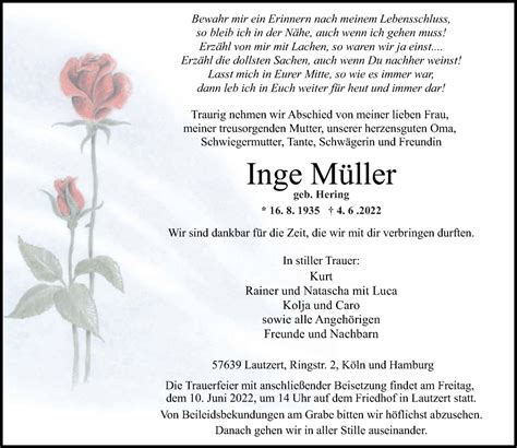 Traueranzeigen von Inge Müller rz trauer de