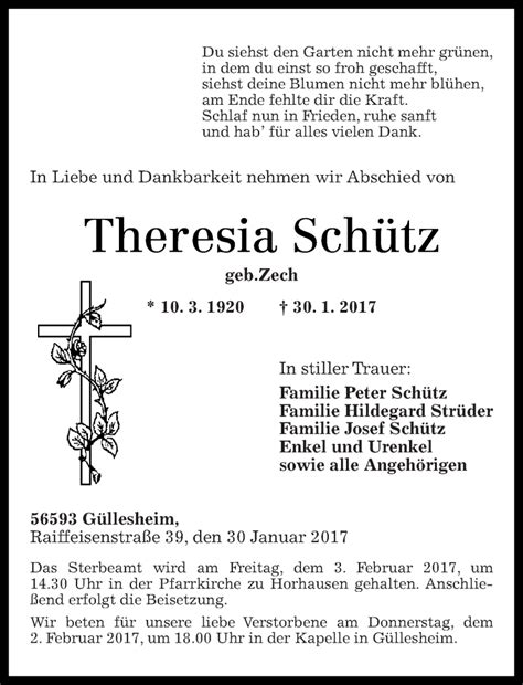 Traueranzeigen von Theresia Schütz rz trauer de