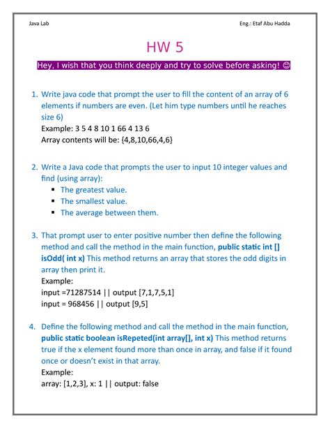 java practical 1 task 5 java lab eng etaf abu hadda hw 5 hey i wish that you think deeply