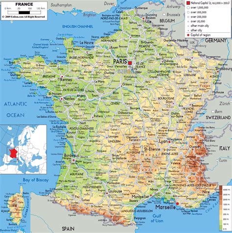 Large Physical Map Of France With Roads Cities And Airports France