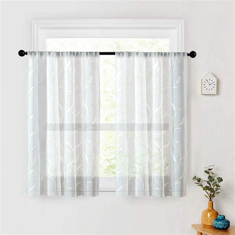 Amazon Mrtrees Inch Kitchen Curtains White Leaves Embroidery