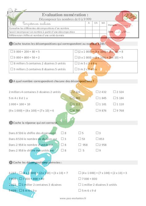 Décomposer les nombres de 0 à 9 999 au CE2 Evaluation QCM Quiz