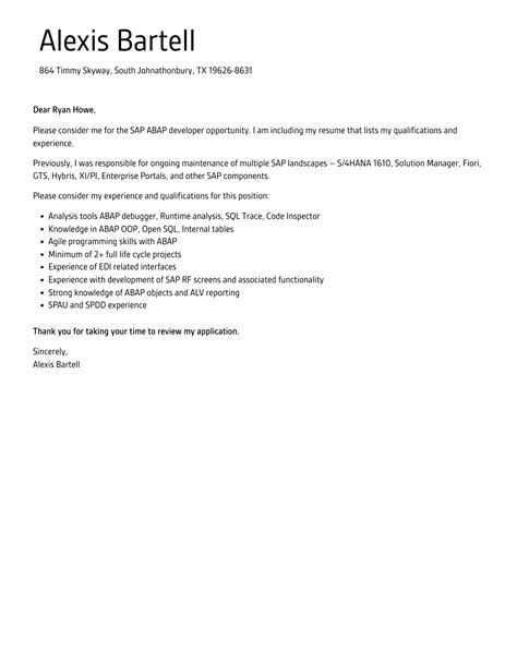 SAP ABAP Developer Cover Letter Velvet Jobs