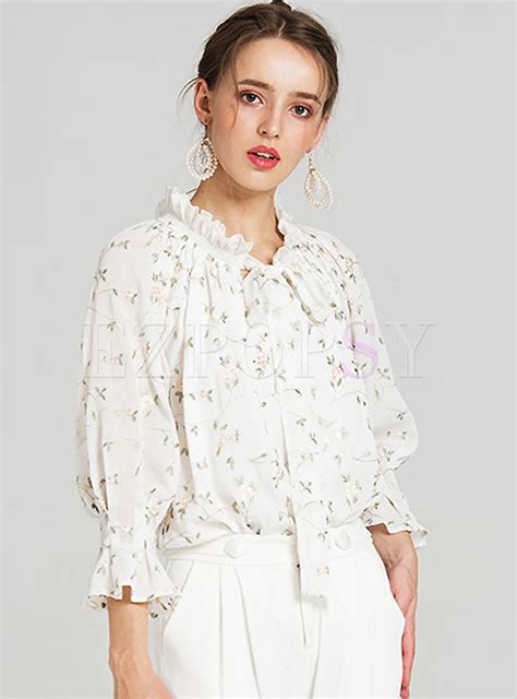 Street Falbala Flare Sleeve Print Blouse Printed Blouse Flared Sleeves Blouse