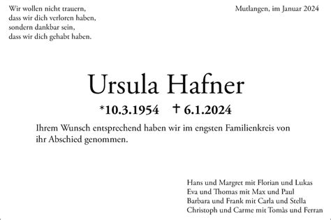 Traueranzeigen Von Ursula Hafner OstalbTrauer
