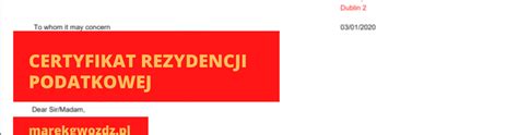 Certyfikat Rezydencji Podatkowej Marek Gw D