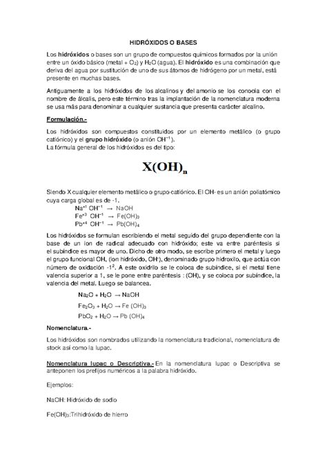Hidróxidos o Bases HIDRÓXIDOS O BASES Los hidróxidos o bases son un