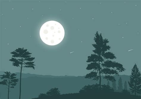 Paisaje nocturno con luna llena y árboles ilustración vectorial