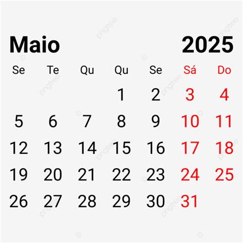 Calendário Mensal Português De Maio De 2025 Vetor PNG Calendário