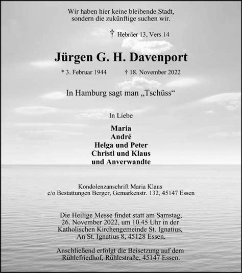 Traueranzeigen von Jürgen G H Davenport Trauer in NRW de