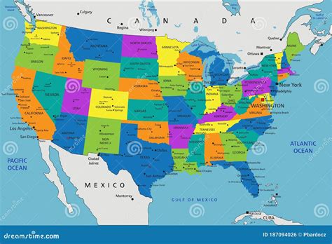 Colorido Mapa Político De Estados Unidos De América Con Capas
