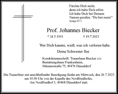 Traueranzeigen Von Johannes Biecker Trauer In NRW De