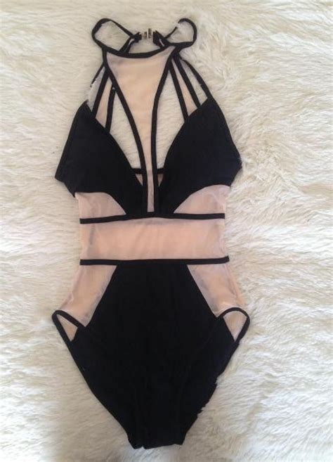 Black Nude Mesh Sheer Swimwear See Thru High Cut Out One Piece Swimsuit
