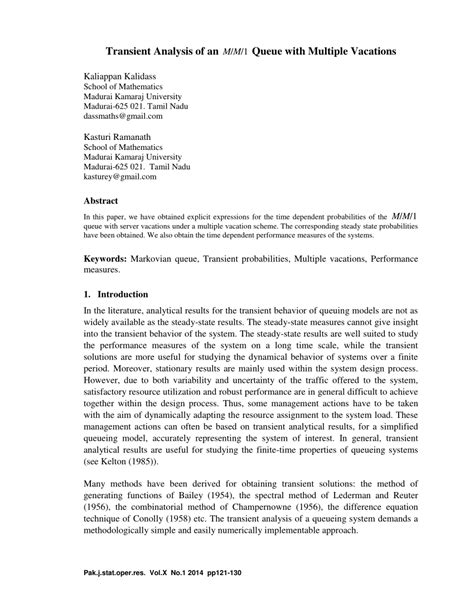 pdf transient analysis of an m m 1 queue with multiple vacations