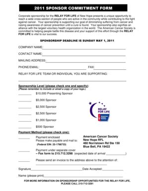 Fillable Online Relay Acsevents 2011 SPONSOR COMMITMENT FORM Relay