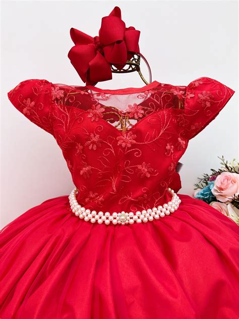 Vestido Infantil Damas Honra Vermelho Casamento Renda Pérola Rosa