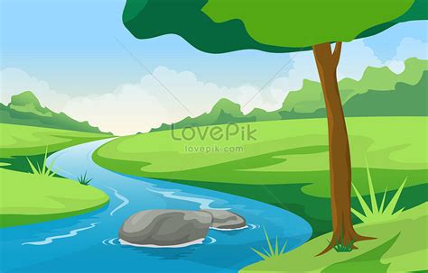 Gambar Vektor Mengalir Pemandangan Alam Sungai Dan Rumput Terbaik Unduh