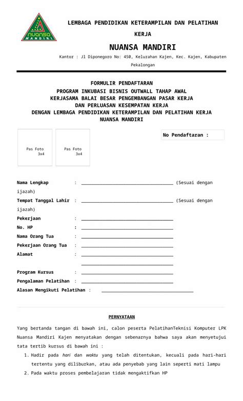 DOCX Formulir Pendaftaran Pelatihan DOKUMEN TIPS