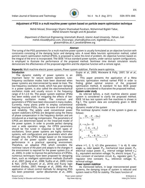 pdf adjustment of pss in a multi machine power system based on particle swarm optimization