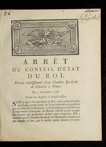 Arre T Du Conseil D E Tat Du Roi Portant E Tablissement D Une Chambre