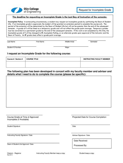 Fillable Online Olin I Request An Incomplete Grade For The Following