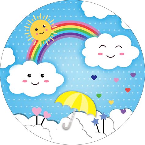 Painel De Tecido Sublimado Redondo Chuva De Amor Nuvens Felizes Sol