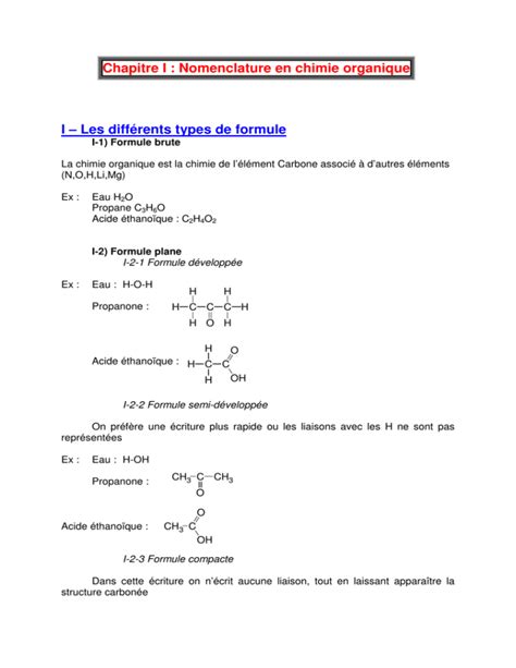 Chapitre I Nomenclature en chimie organique I Les différents