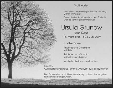 Traueranzeigen Von Ursula Grunow Trauer In NRW De
