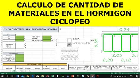 CALCULO DE MATERIALES UTILIZADOS EN UN HORMIGÓN CICLOPEO DE ACUERDO A