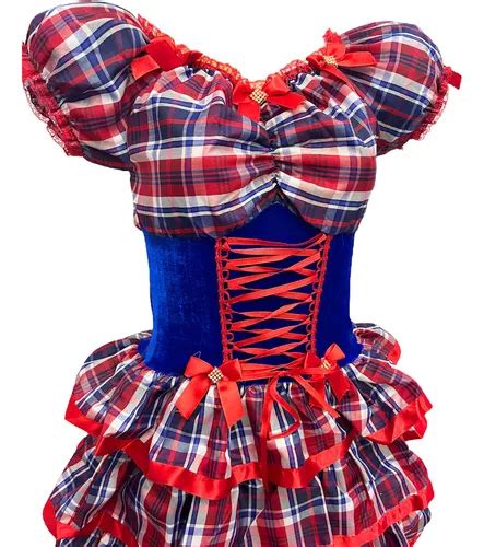 Vestido Festa Junina Caipira Xadrez Adulto Azul São João Mebuscar Brasil