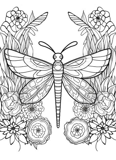 Coloriage D Une Libellule Avec Des Fleurs Et Des Feuilles Dessus Ai