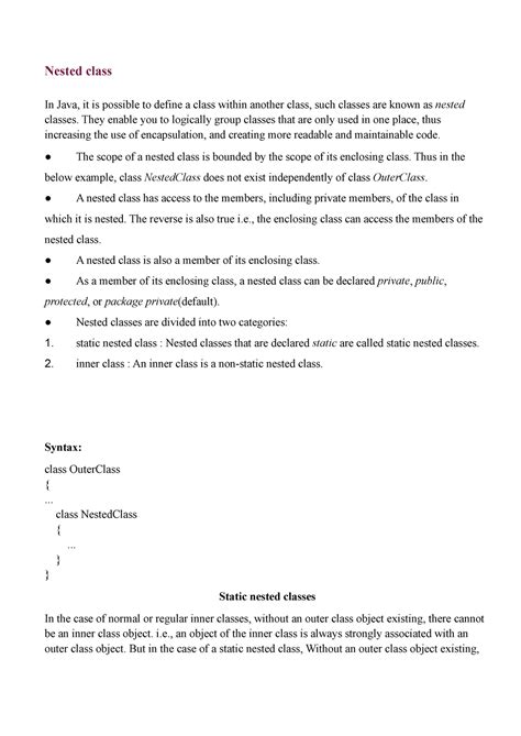 nested and inner class nested class in java it is possible to define a class within another