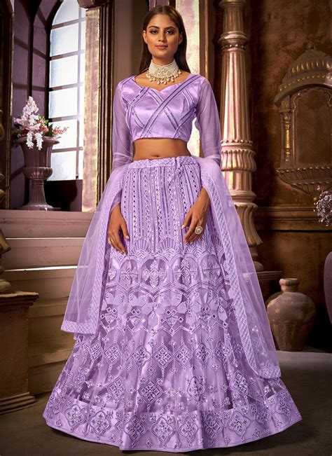 Shop Lavender Net Embroidered N Sequins Umbrella Lehenga Wedding Wear
